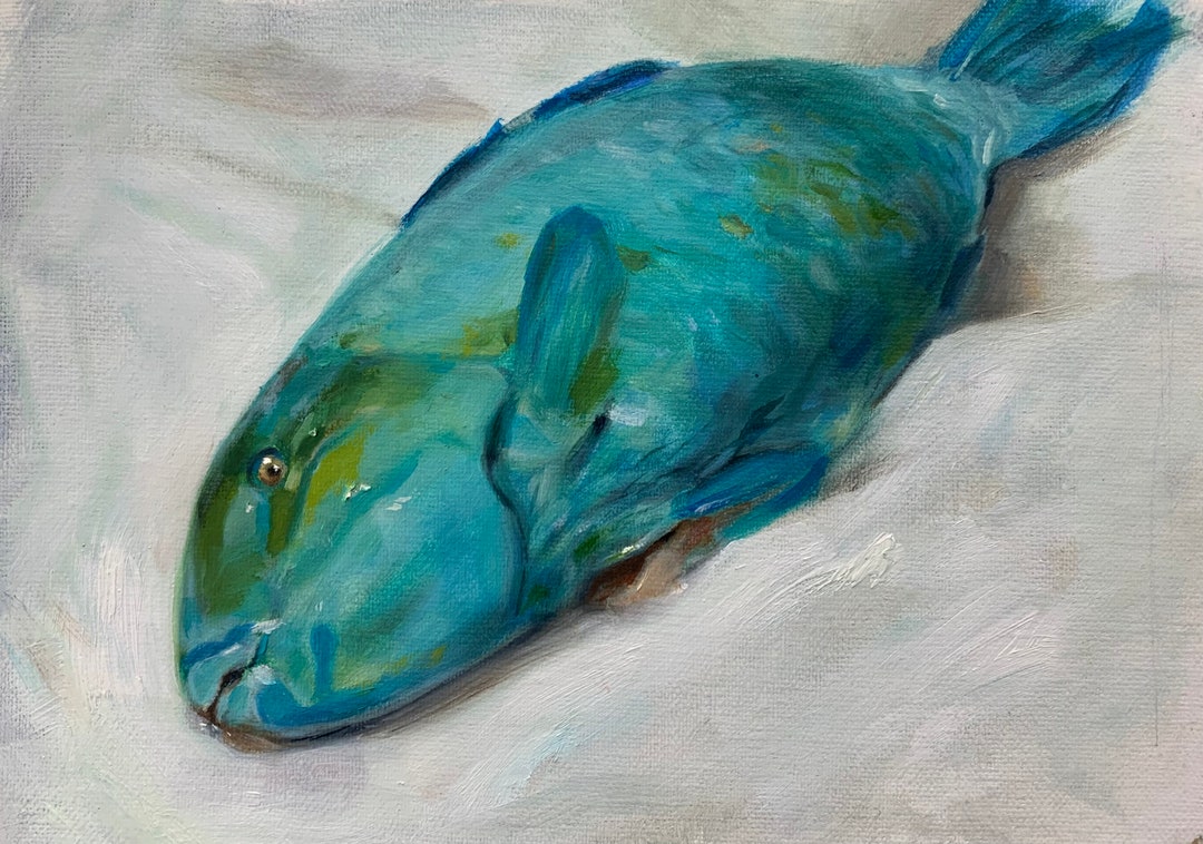 Parrotfish Still Life, Framed Original Oil Painting on 5"x7" Linen ...