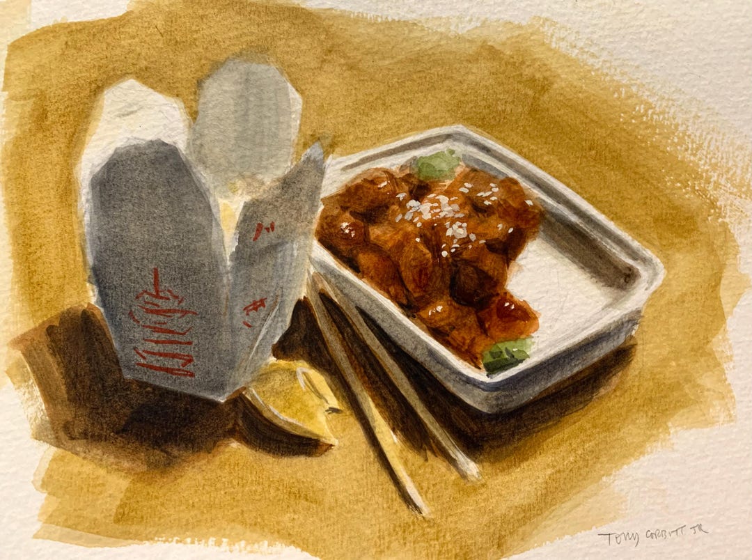Sesame Chicken Still Life, Original Framed Watercolor on 6"x8" Paper ...