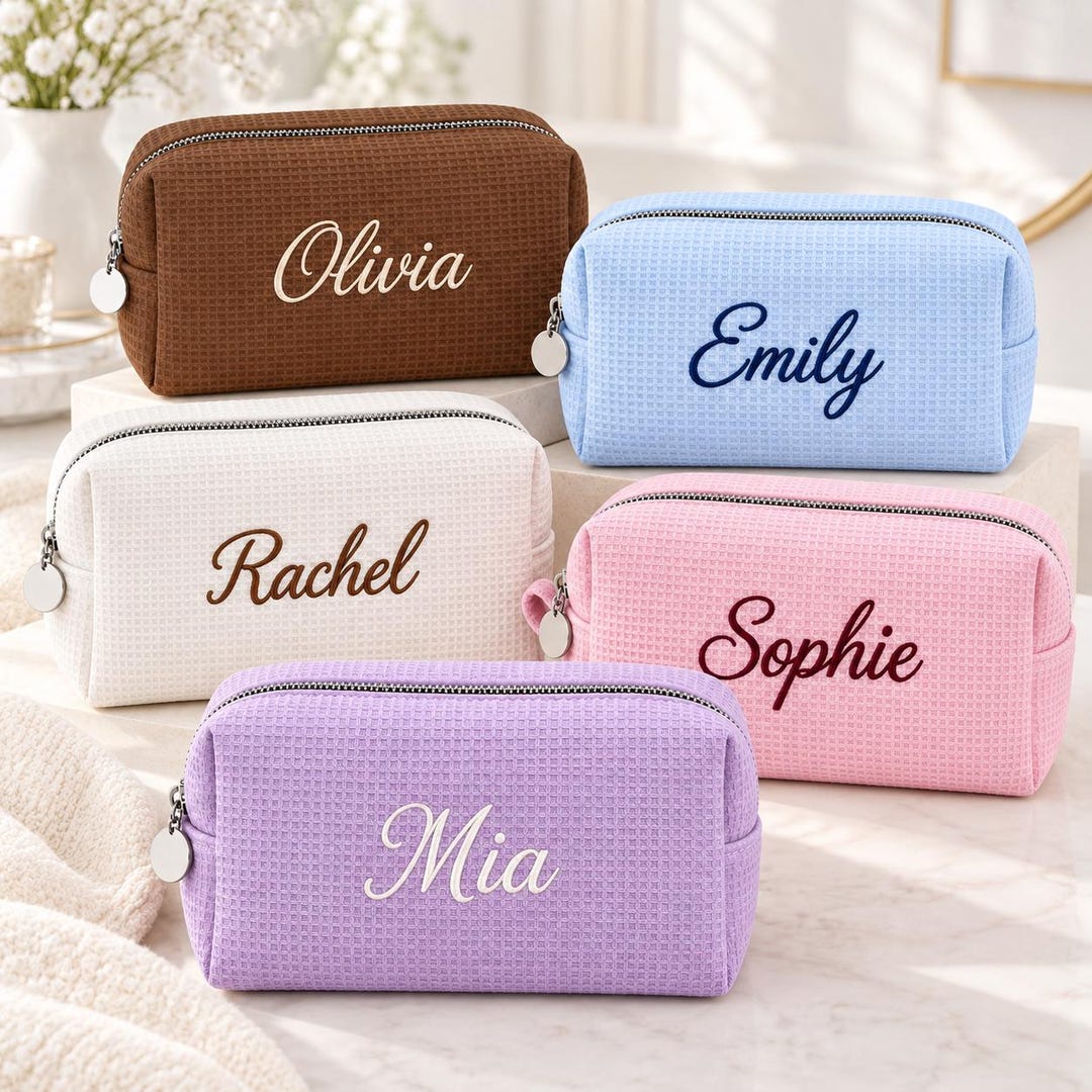 Personalized Bridesmaid Makeup Bag, Embroidered Waffle Cosmetic Pouch ...