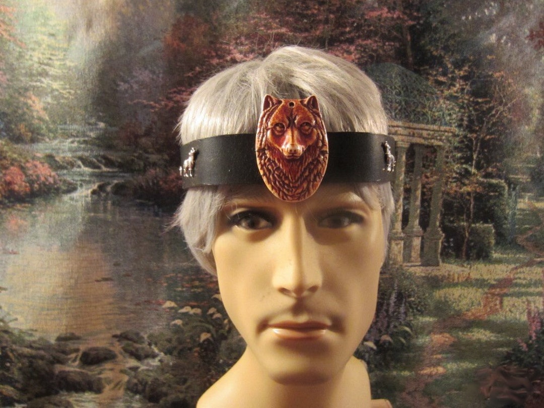 Totem Wolf Black Leather Headband, Men's Headpiece, Infinity Headband ...