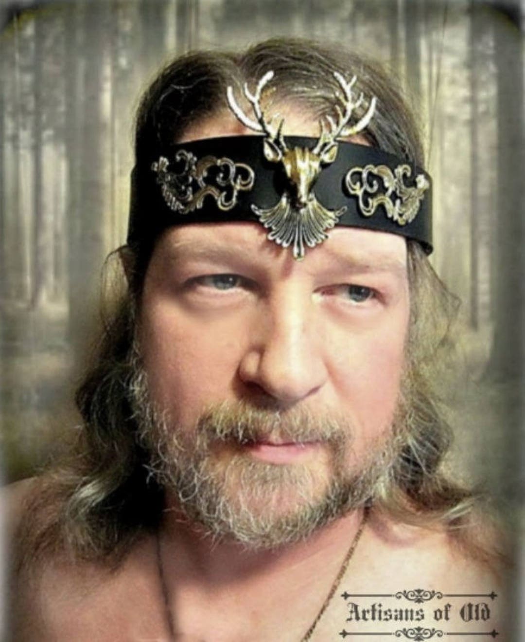 Men's Silver Stag Headpiece, Brown Leather, Cernunnos Celtic God of the ...