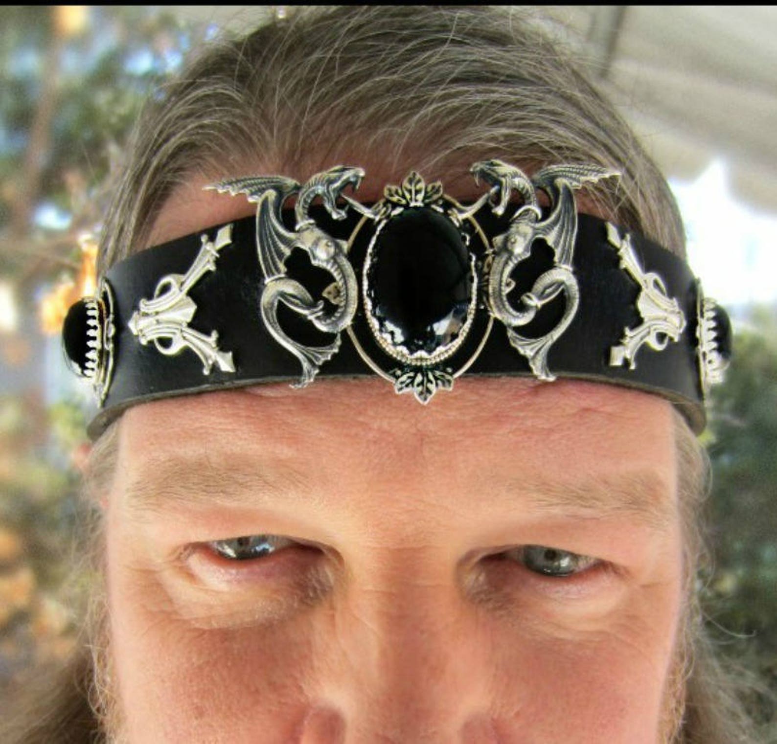 Dragons Headpiece for Men Black Leather Amethyst or Onyx - Etsy