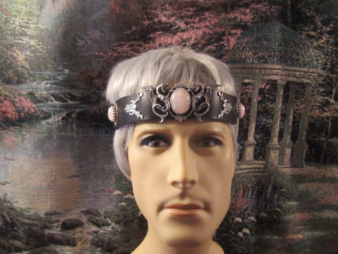 Dragons Headpiece for Men, Black Leather, Moonstone, Handfasting, Ren ...