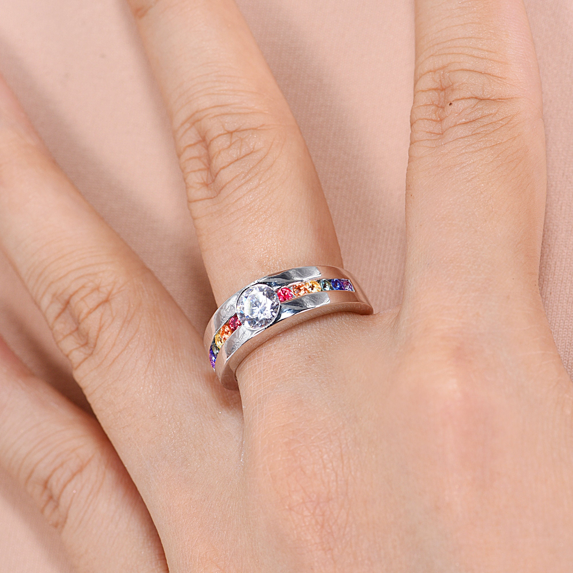 GLOVE FRIENDLY Engagement Ring, Rainbow Wedding Band, Skoliosexual Gay ...