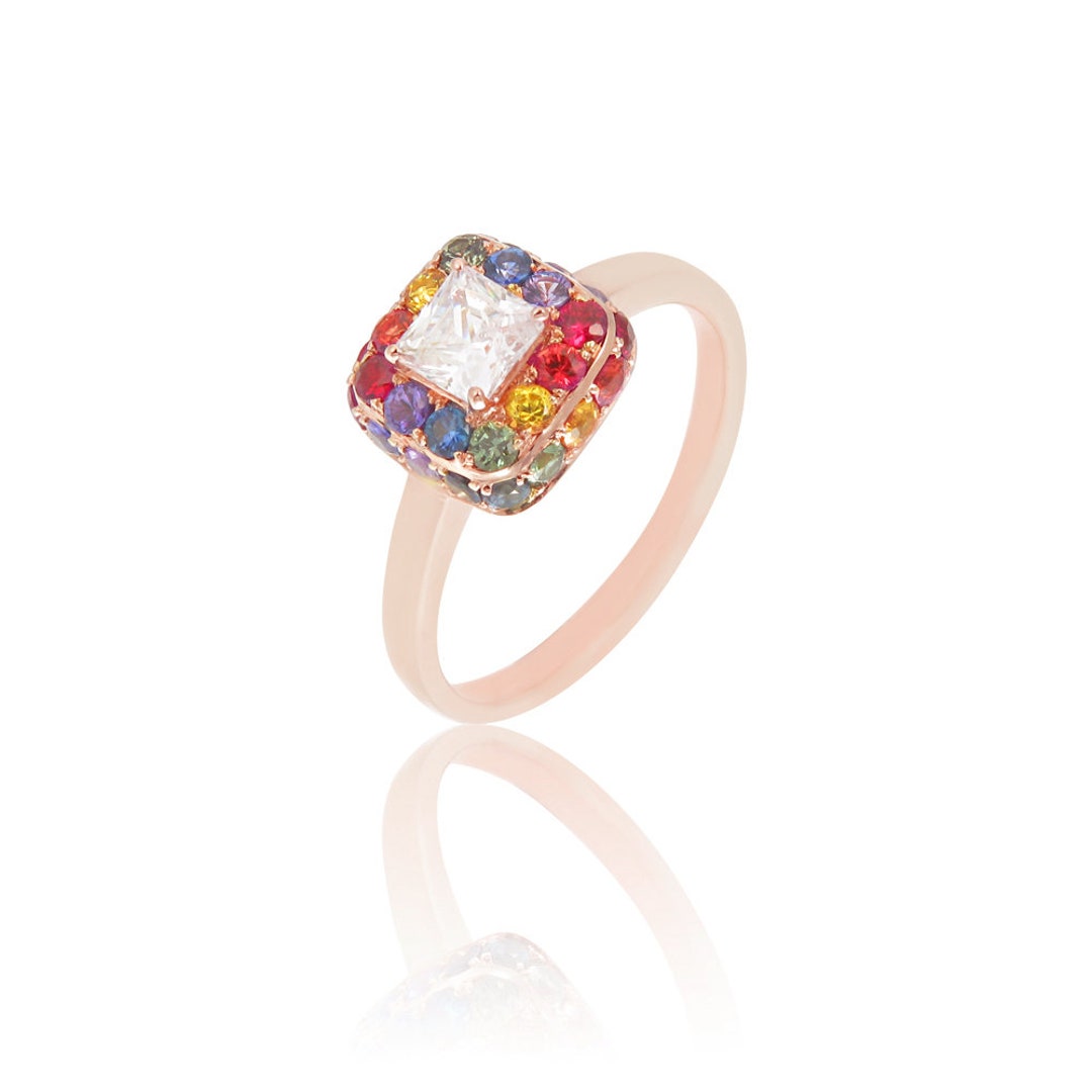 LGBT Relationship Ring, Halo Rainbow Sapphire Diamond Engagement Ring ...