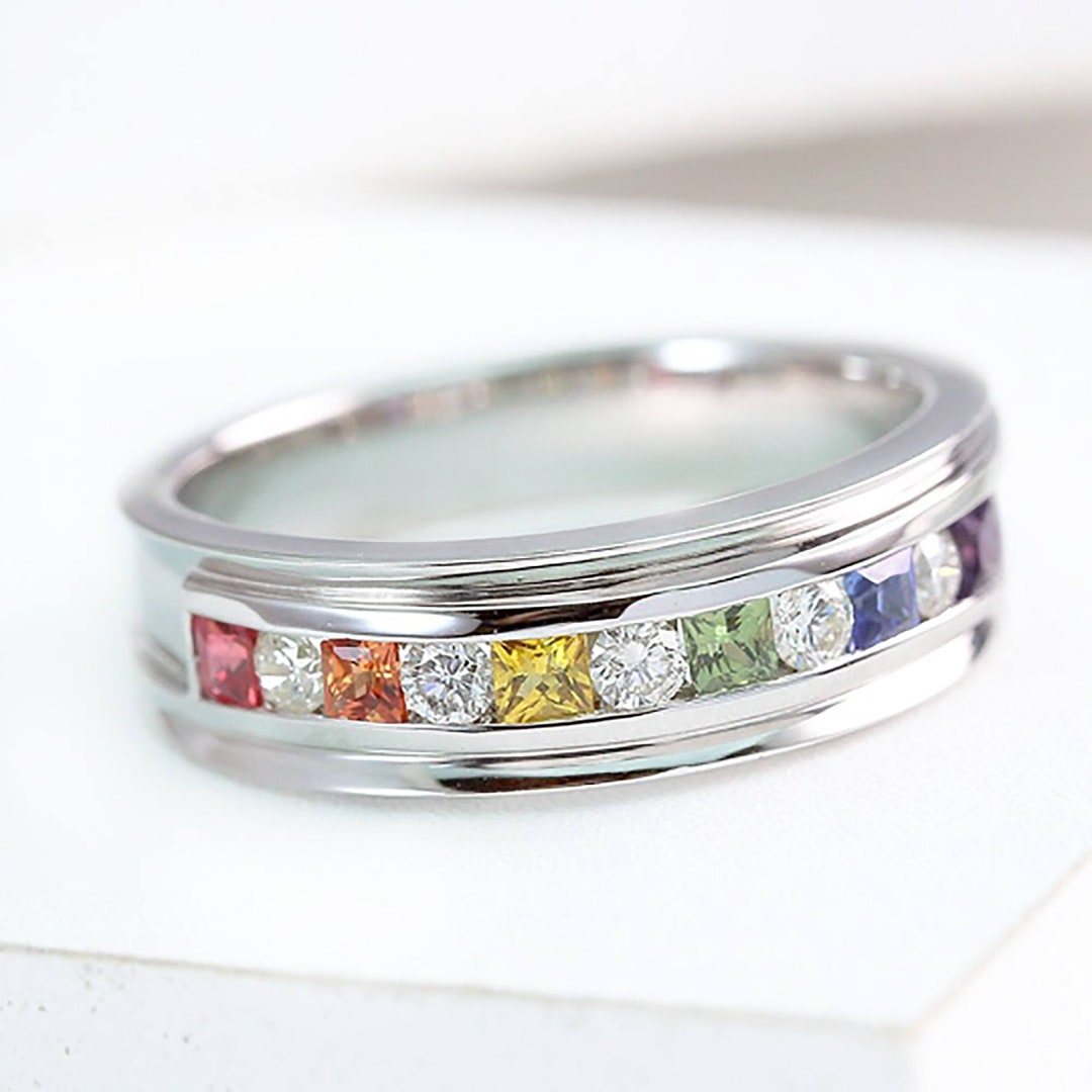 Delicate Pride Rainbow Sapphire Channel Set Ring | Silver LGBT ...