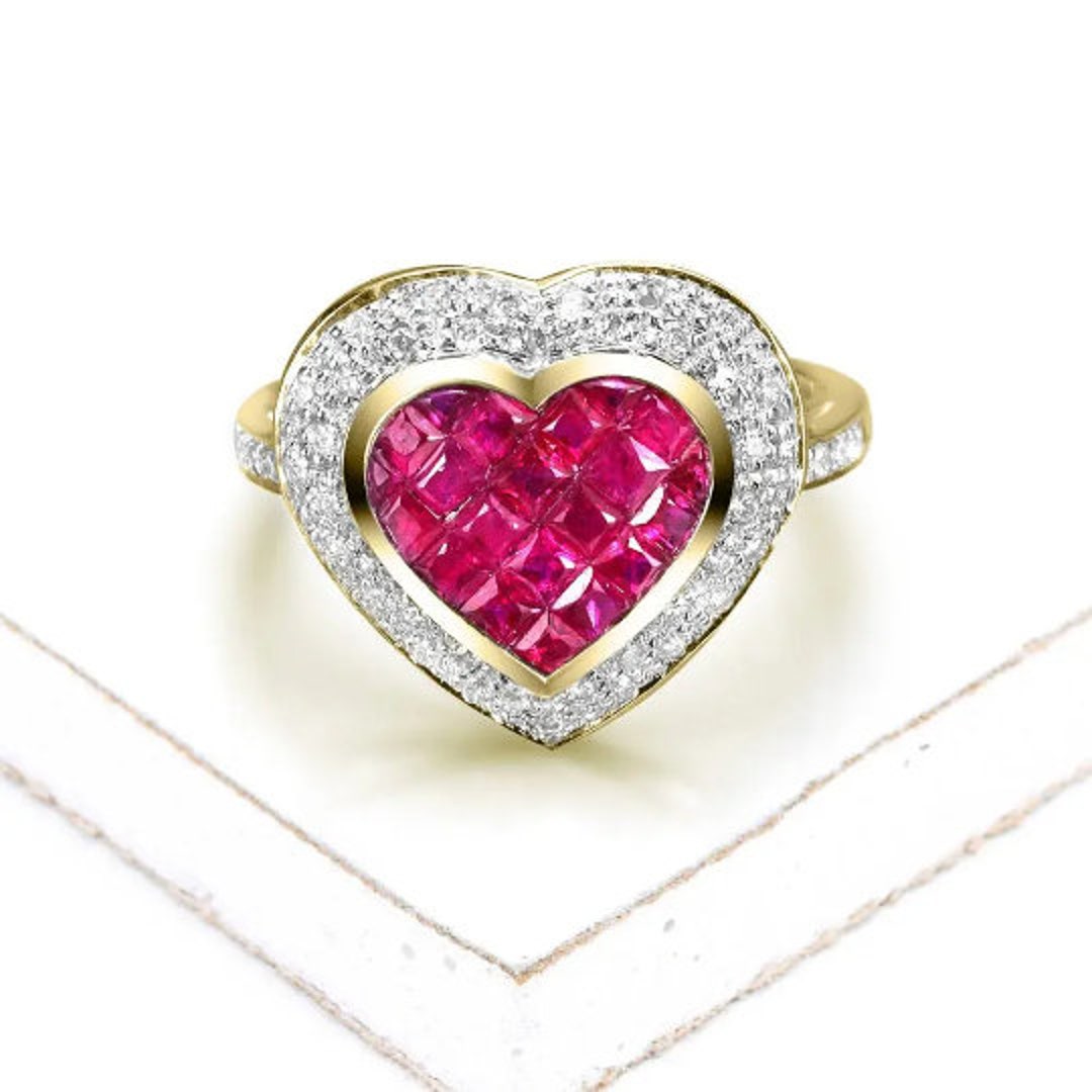 14K Ruby Ring KRISELLE Invisible Set & Diamond Heart Ring Unique ...
