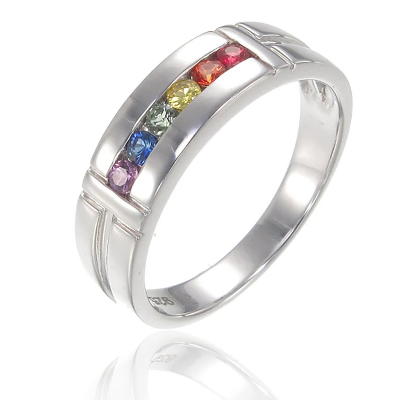 Amsterdam Gay Engagement Ring, Unisex Rainbow Sapphire Ring in Sterling ...