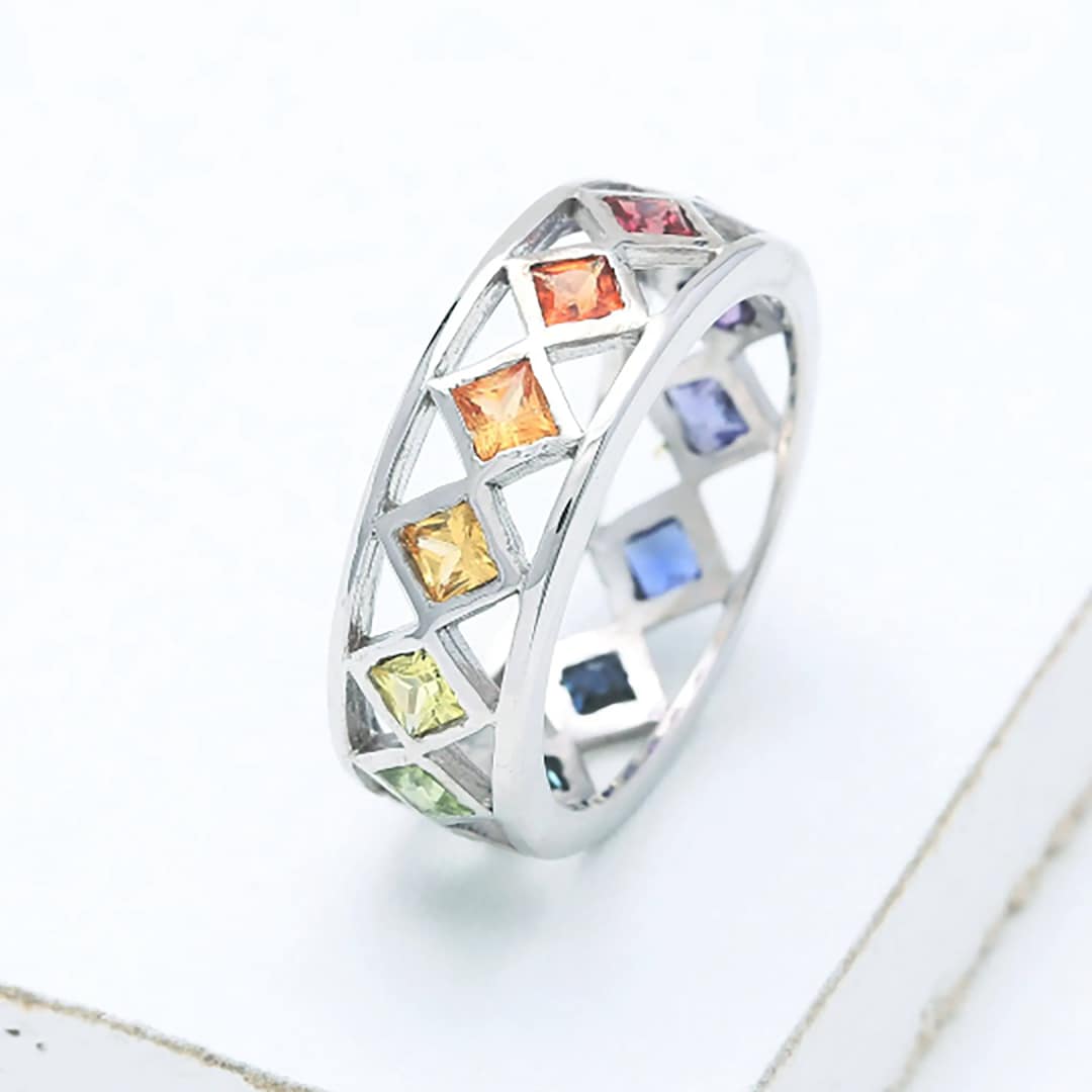 LESBIAN Ring Bezel Rainbow Sapphire Silver Ring PRIDE LGBTQIA Full ...
