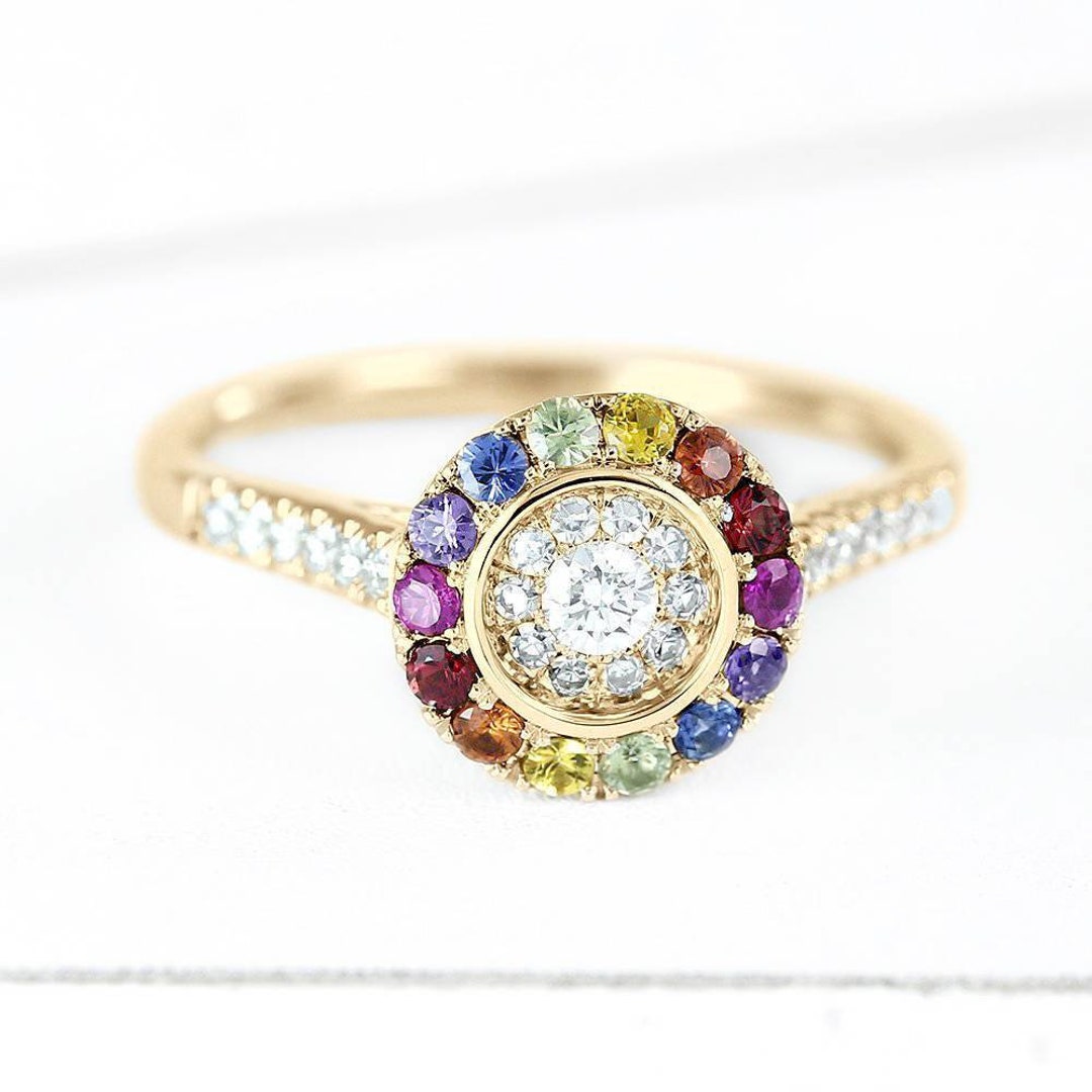 LGBT Halo Rainbow Sapphire Diamond Engagement Ring, 14K Gold Gay ...