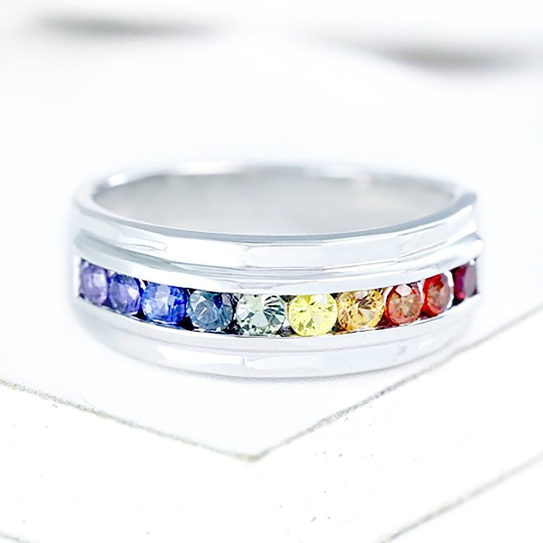 Berlin LGBT Rainbow Channel Set Ring | Unisex Silver Lesbian Wedding ...