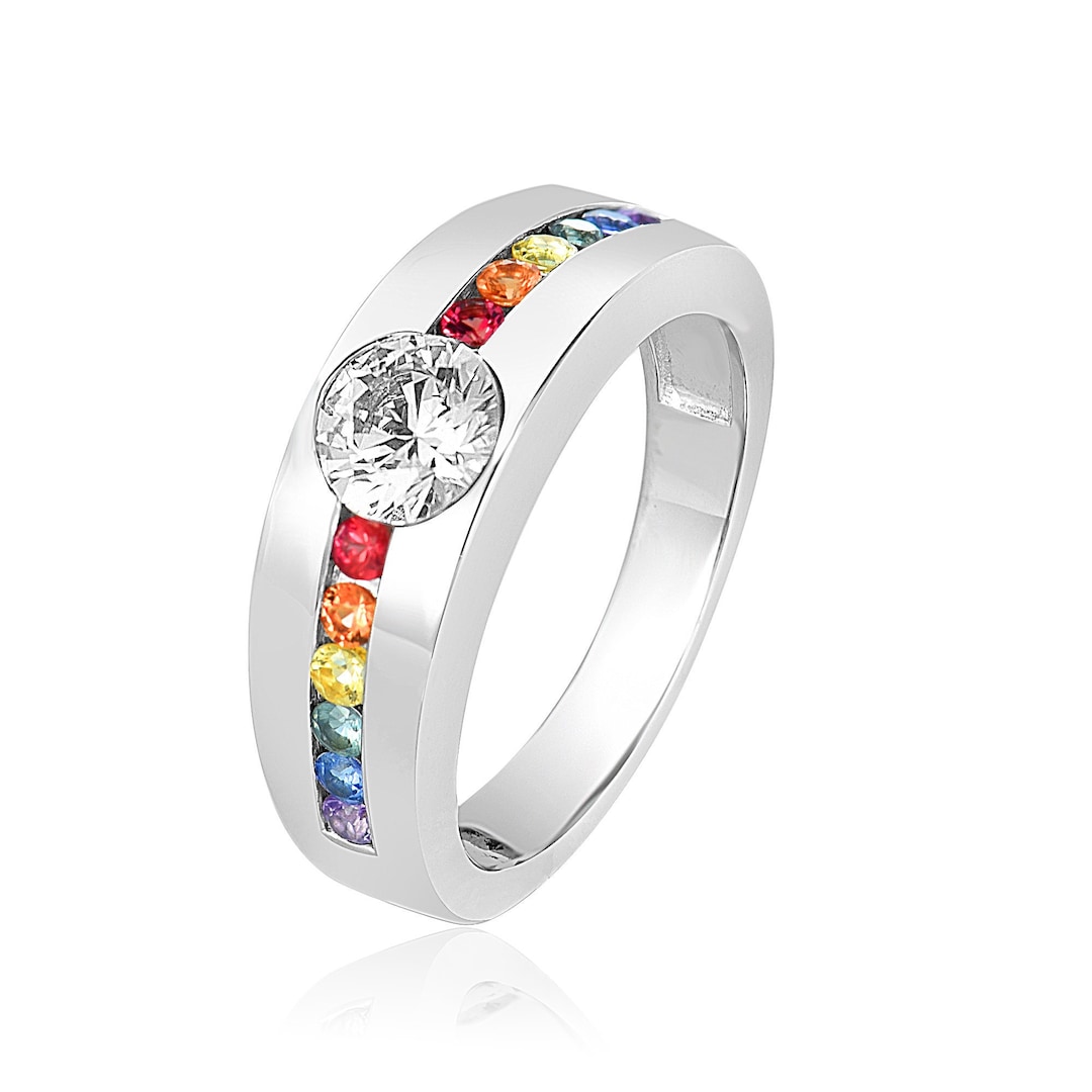Glove Friendly Rainbow Sapphire Band Silver Pride Ring, Demisexual ...