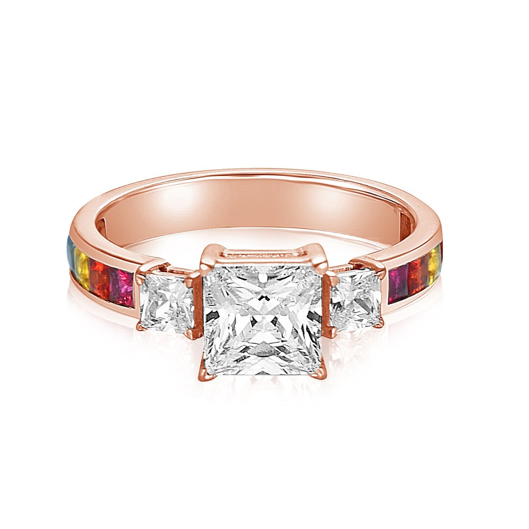 Transgender Agender Pride 3-stone Engagement Ring, Rainbow Sapphire ...