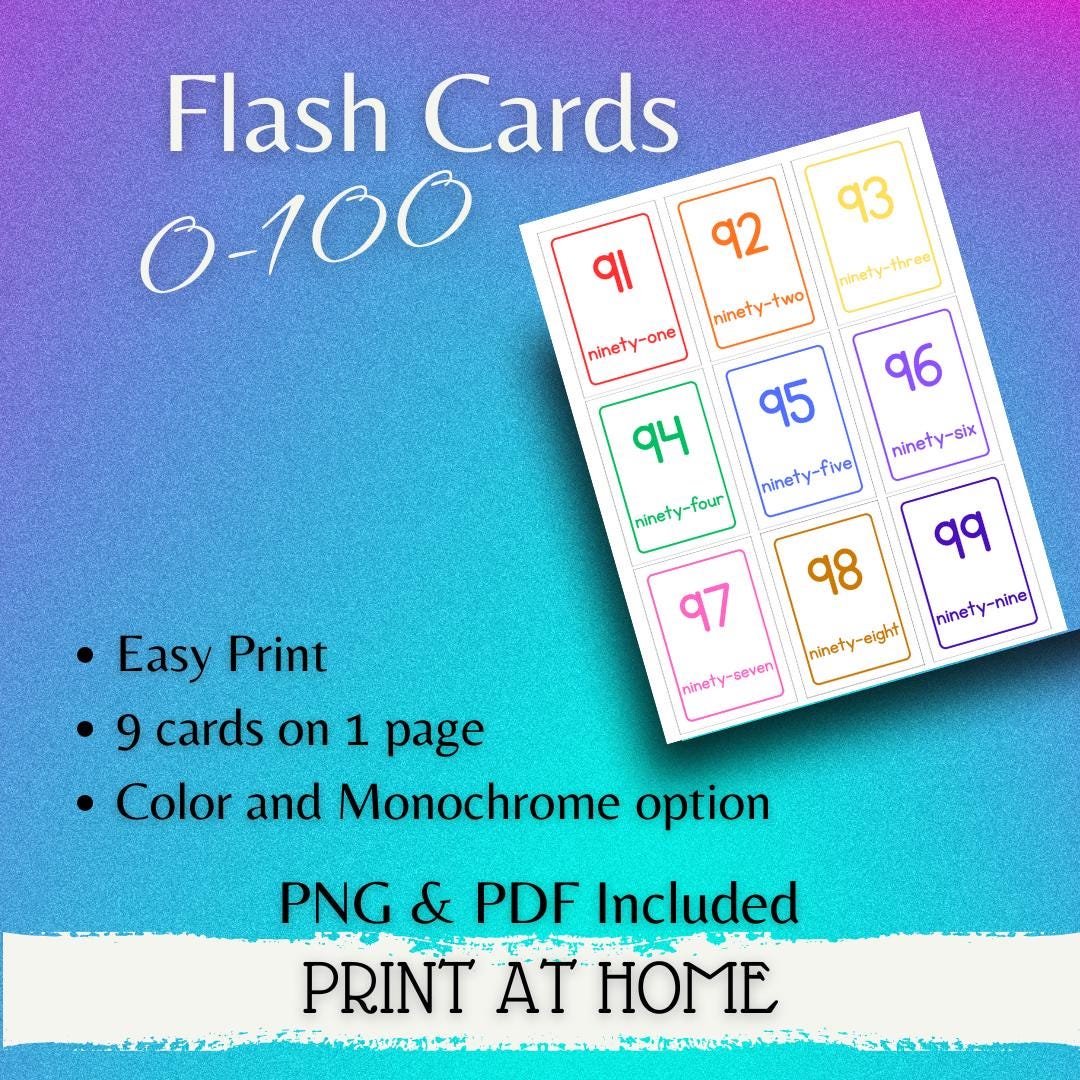 Numbers 0–100 Printable Flash Cards | Color Learning Cards | Instant ...