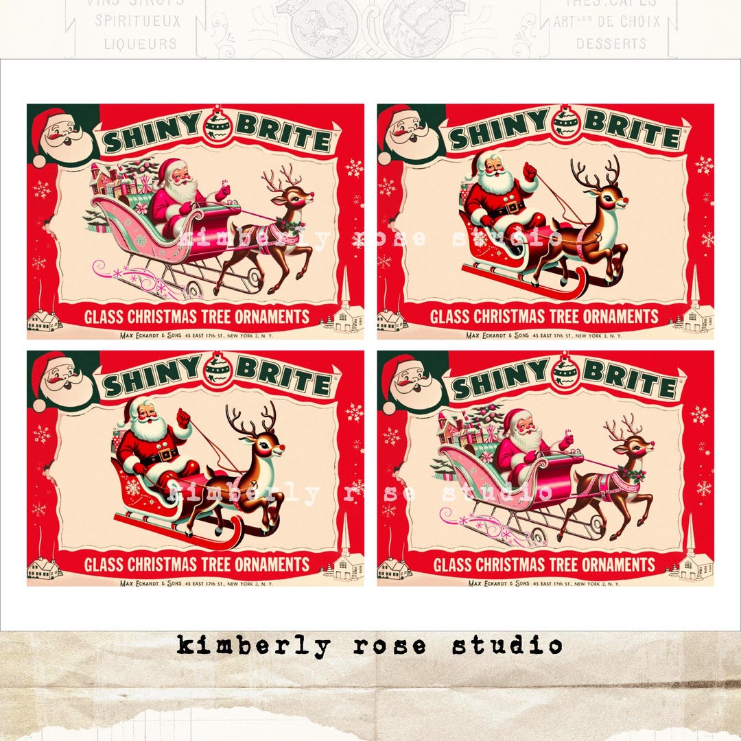 Shiny Brite Santa and Reindeer Ornament Box Dioramas-digital Collage ...