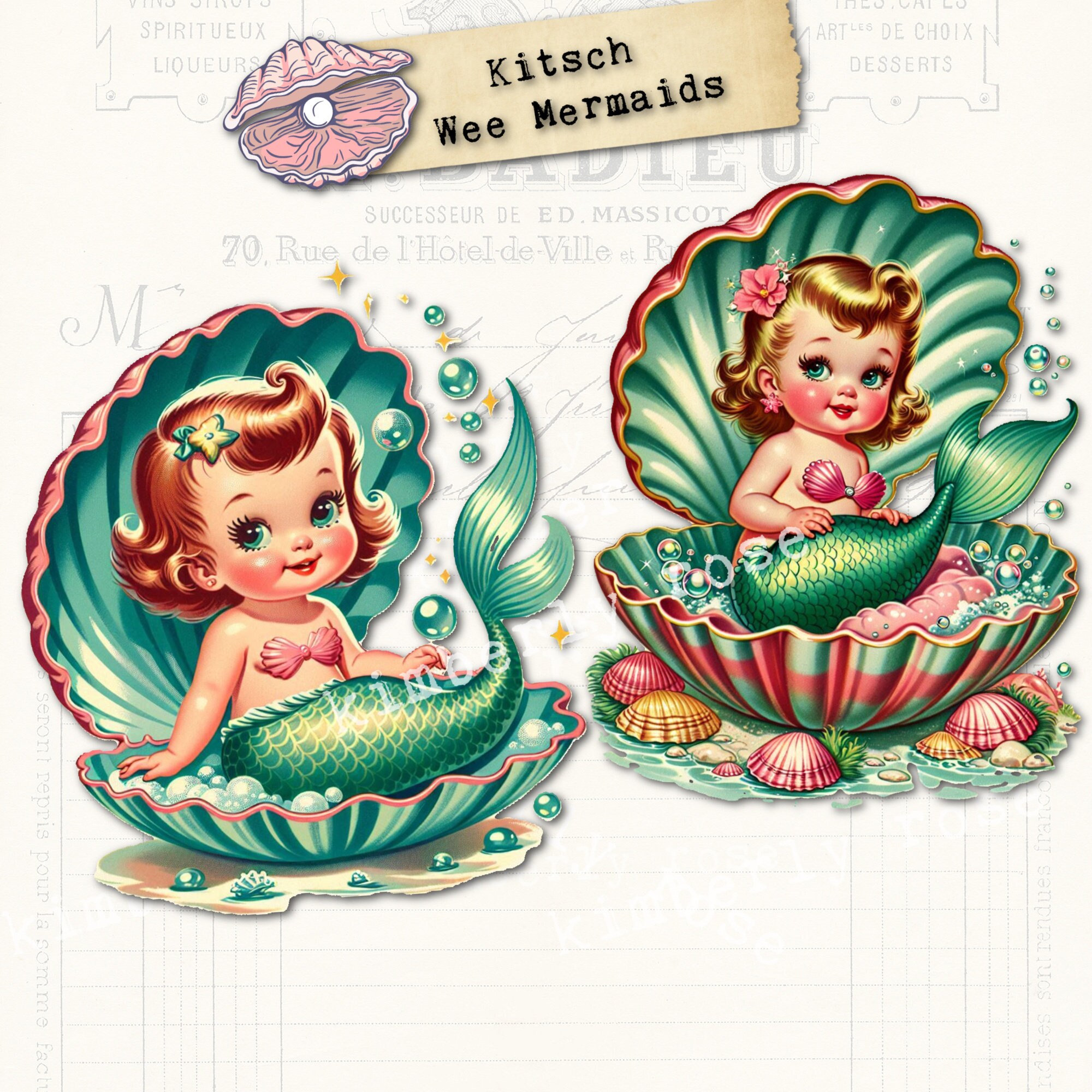 Blue Clamshell Baby Mermaid Clip Art: Collage & Junk Journal (PNG ...