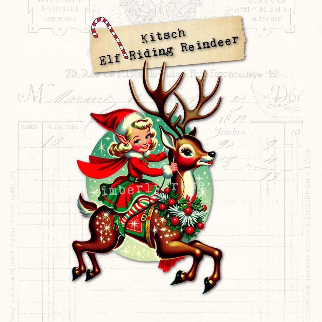 Retro Kitsch Christmas Elf Riding a Reindeer Clip Art for Collage/junk ...