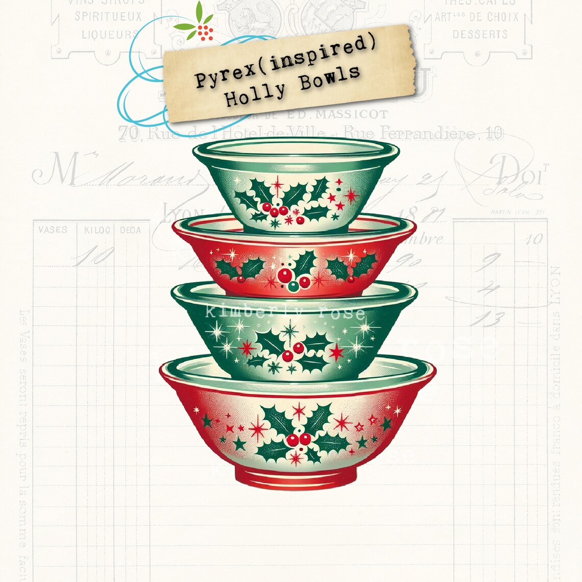 Holly Pyrex Inspired Nesting Bowls Clip Art for Collage/junk Journal ...