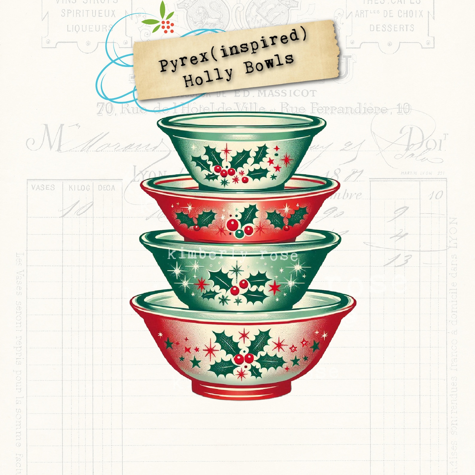 Holly Pyrex Inspired Nesting Bowls Clip Art for Collage/junk Journal ...