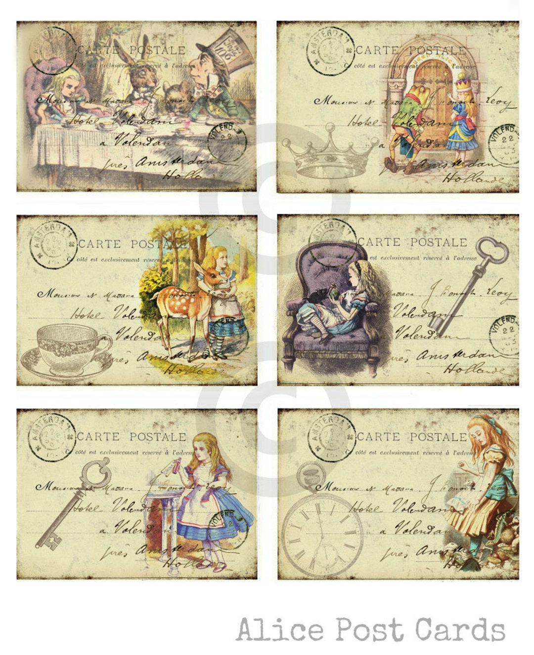 Alice in Wonderland POSTCARD CARTE POSTALE Vintage Ephemera Hang Tags ...