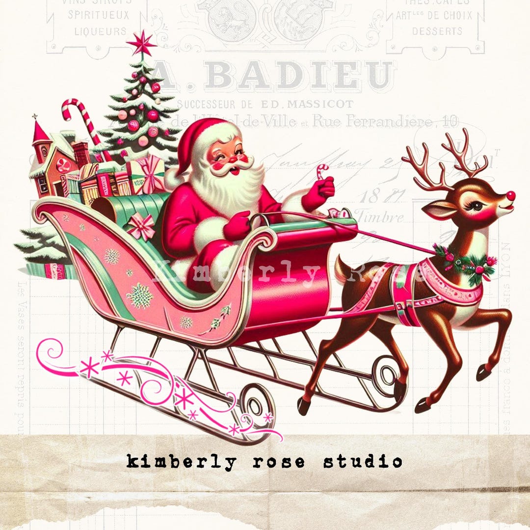Retro Kitsch Santa Sleigh and Reindeer Clip Art for Collage/junk ...