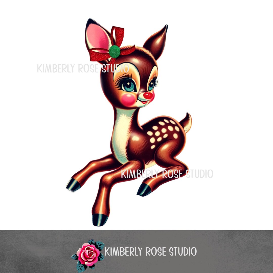 Retro Rudolph Reindeer Clip Art, Glitter Bow (PNG Image) - Etsy