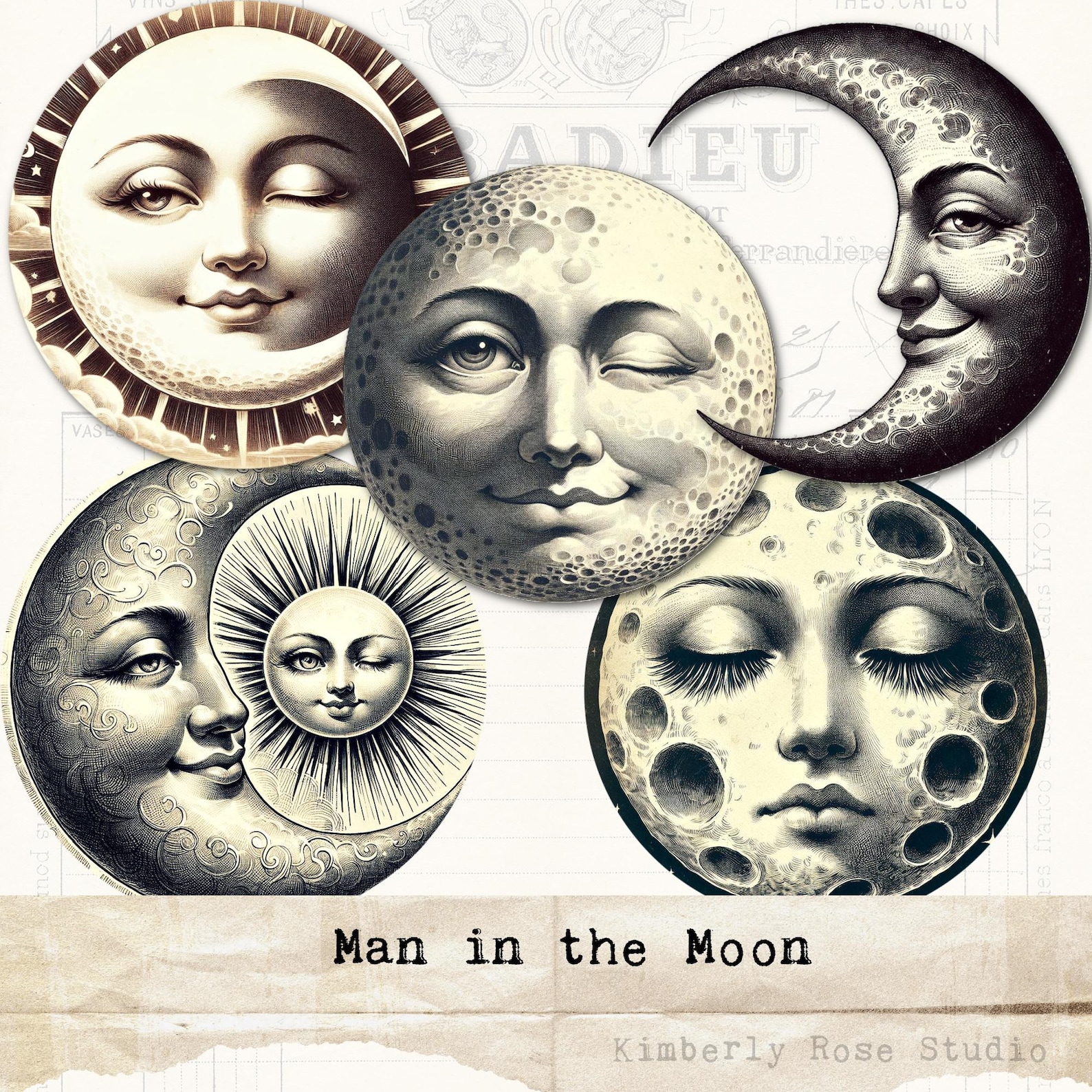 Antique Man in the Moon Clip Art Pack/png Moons No 2 - Etsy