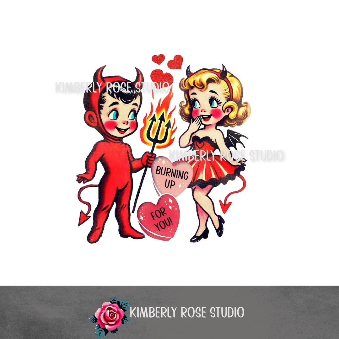 Kitsch Devil Girl and Boy "burning up for You" Valentine's Day Clip Art ...