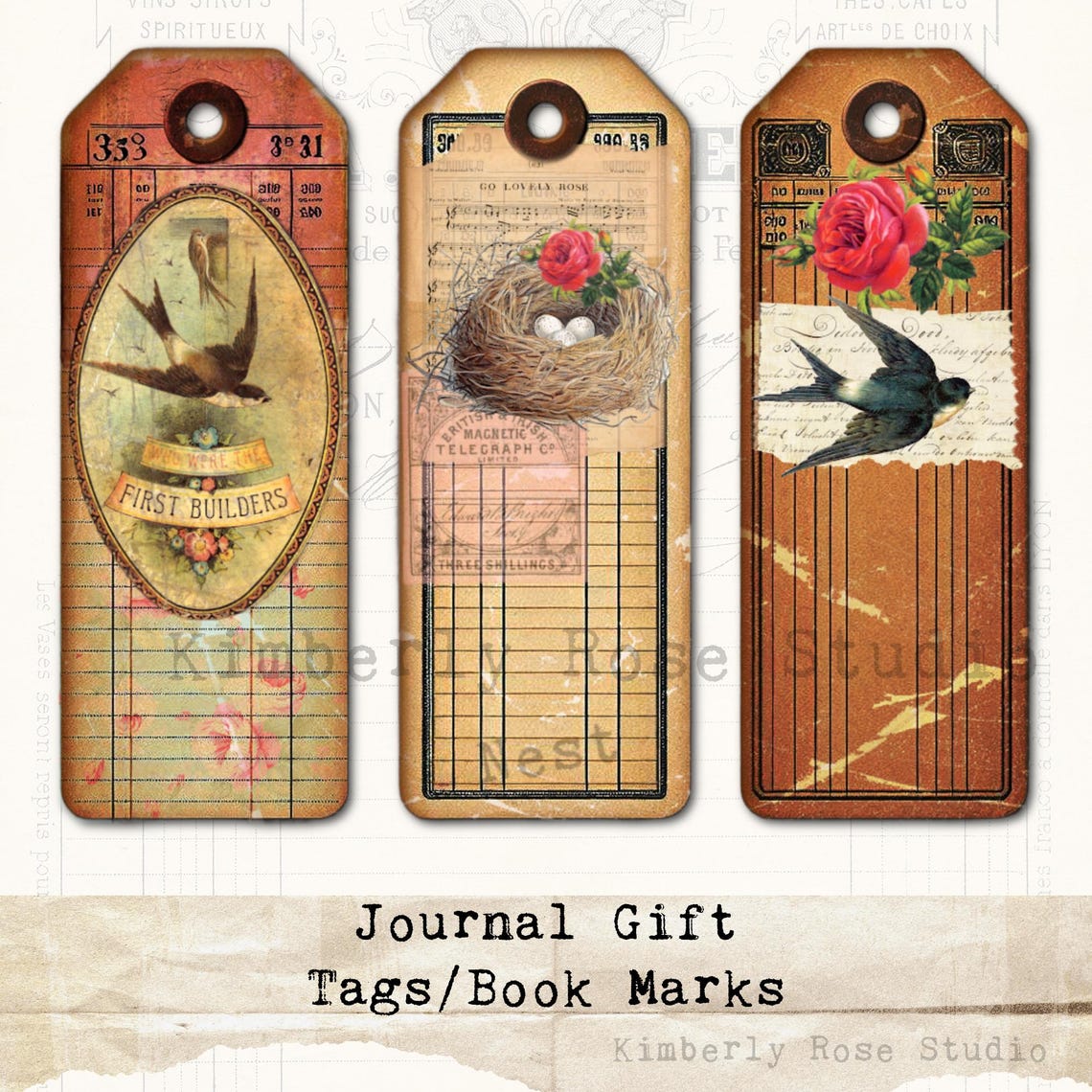 Bird Collage Ledger Shabby Style Gift Tags and Book Marks Combo/junk ...