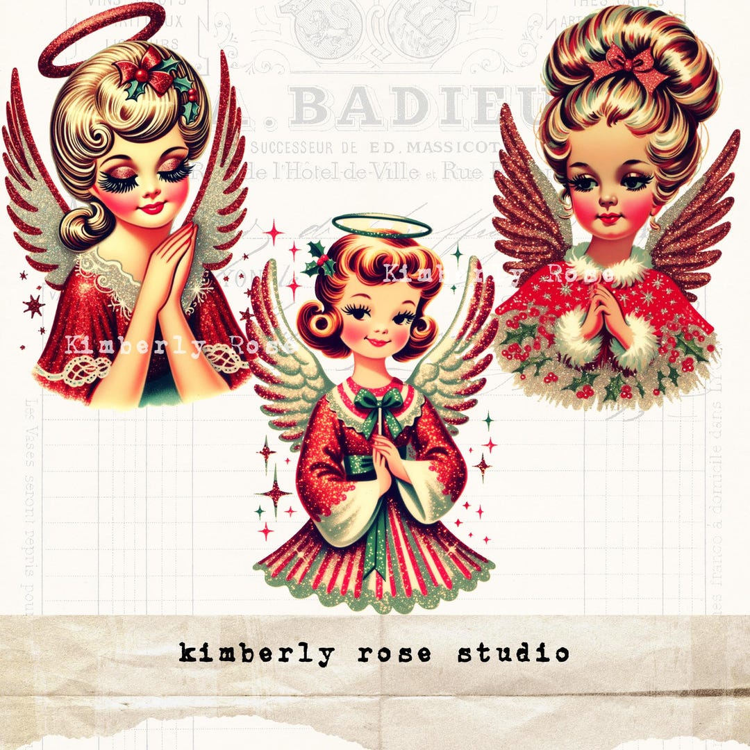 Retro Kitsch Red Glitter Angel Die Cut Clip Art Set for Collage/junk ...