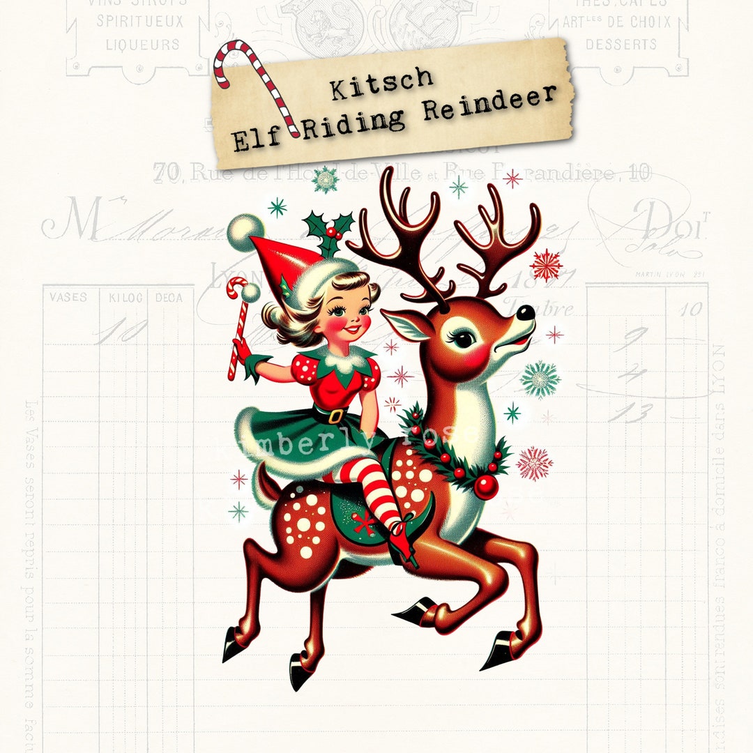 Retro Kitsch Christmas Elf Riding a Reindeer Clip Art for Collage/junk ...