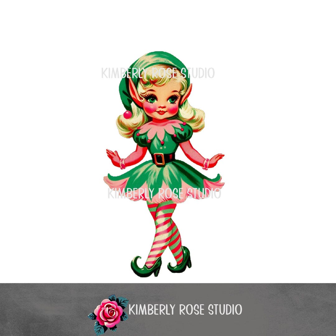 Retro Kitsch Christmas Elf Clip Art: Pink Peppermint Pixie (PNG Image ...
