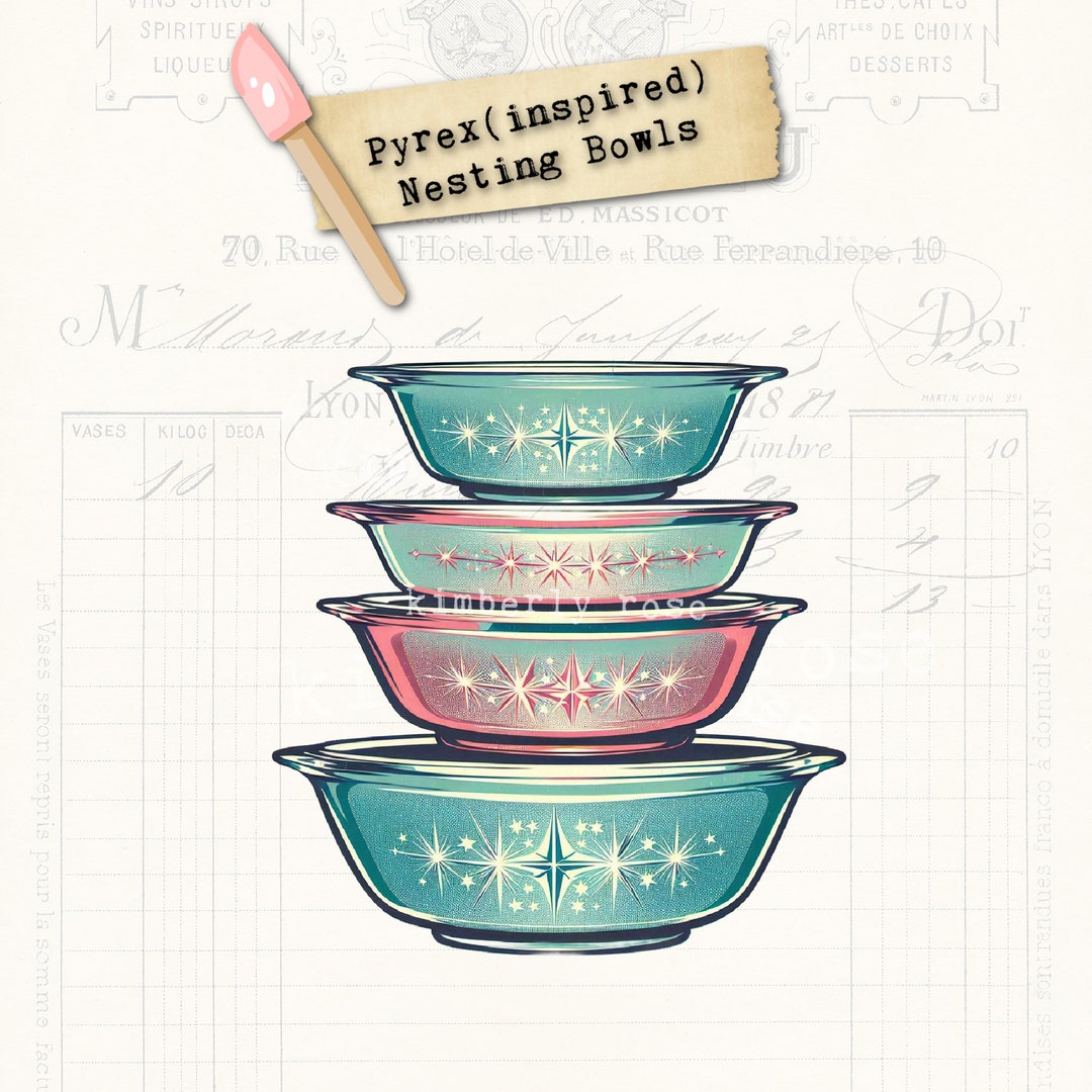 Pyrex Inspired Nesting Bowls Clip Art: Pink Turquoise PNG (digital ...