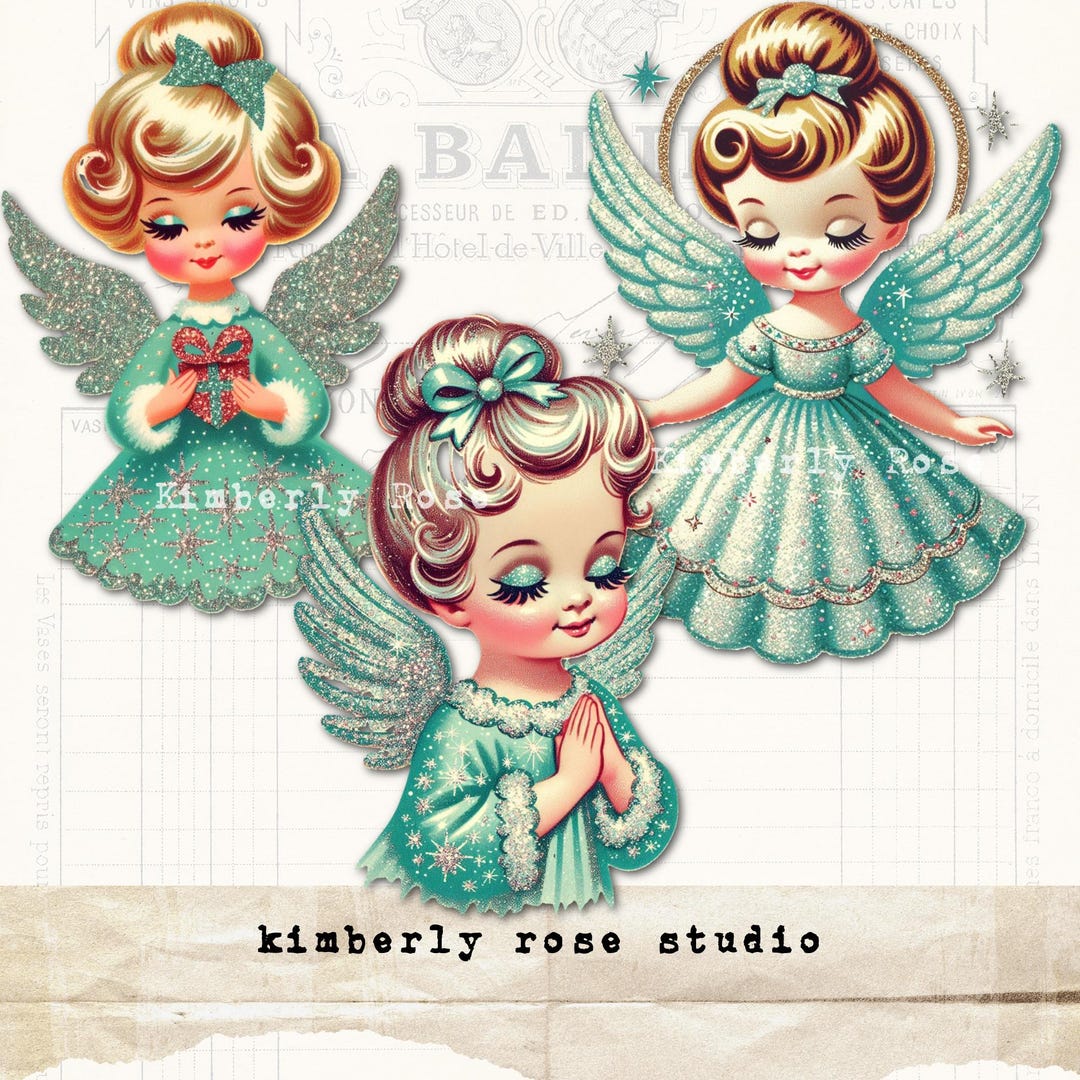 Retro Kitsch Aqua Glitter Angel Die Cut Clip Art Set for Collage/junk ...