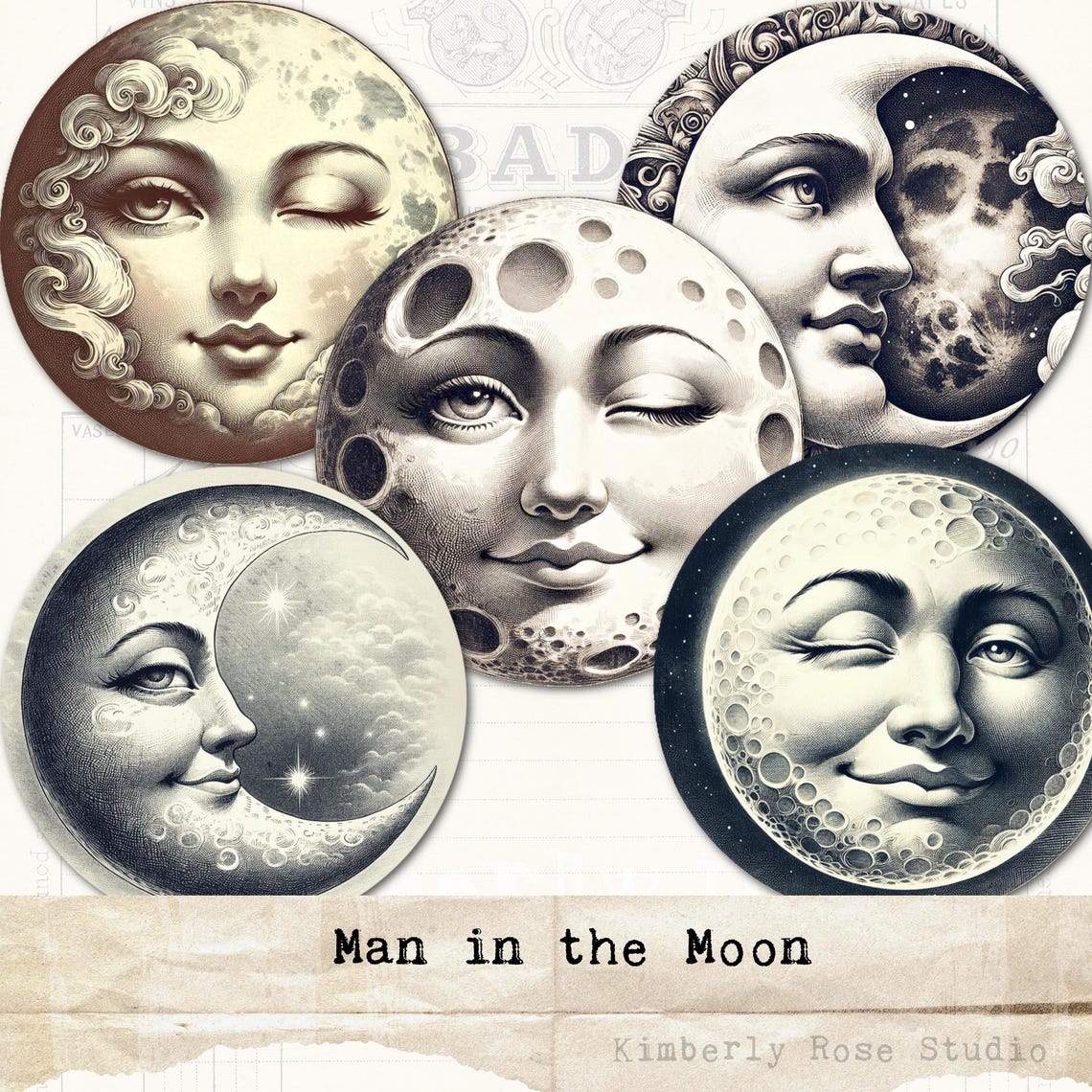 Antique Man in the Moon Clip Art Pack/png Moons - Etsy