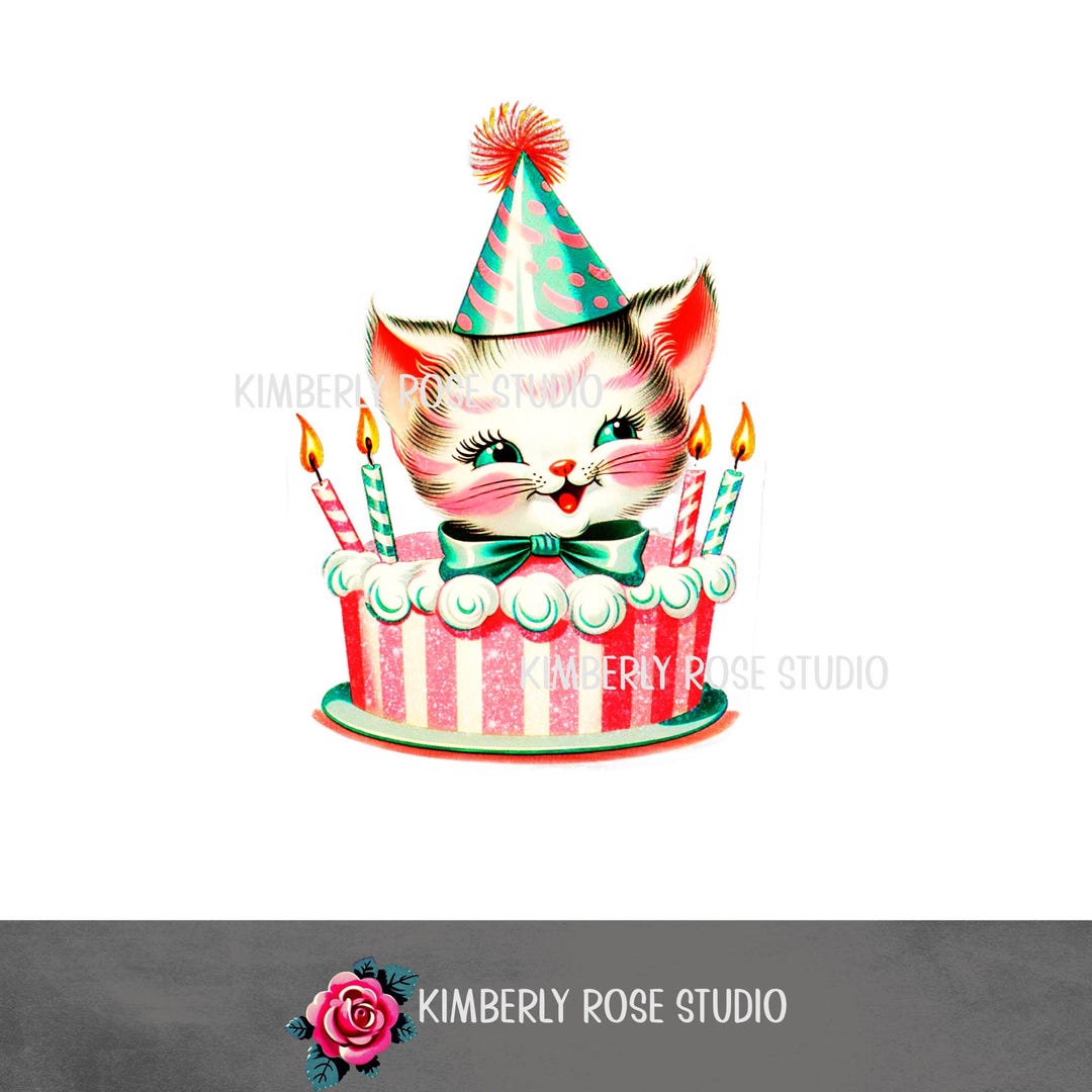 Retro Kitsch Birthday Kitten With a Sugar Cake Clip Art/fussy Cuts/png ...