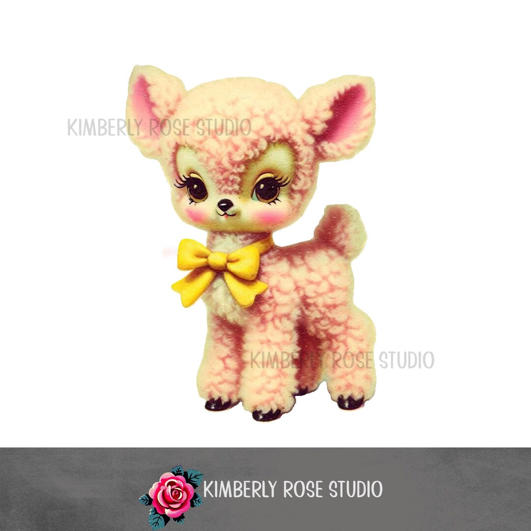 Retro Pink Fuzzy Lamb Clip Art: Kitsch Nursery Decor (PNG Digital ...