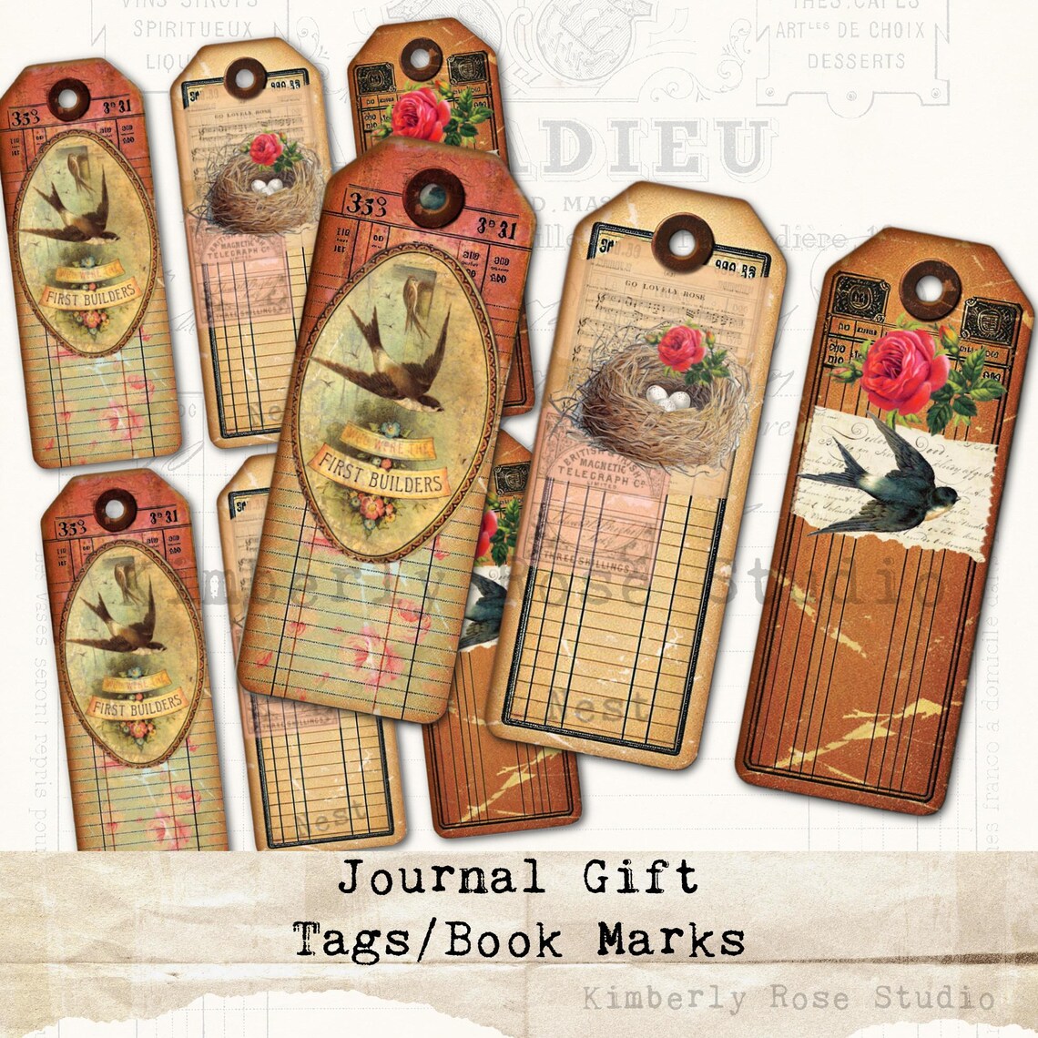 Bird Collage Ledger Shabby Style Gift Tags and Book Marks Combo/junk ...