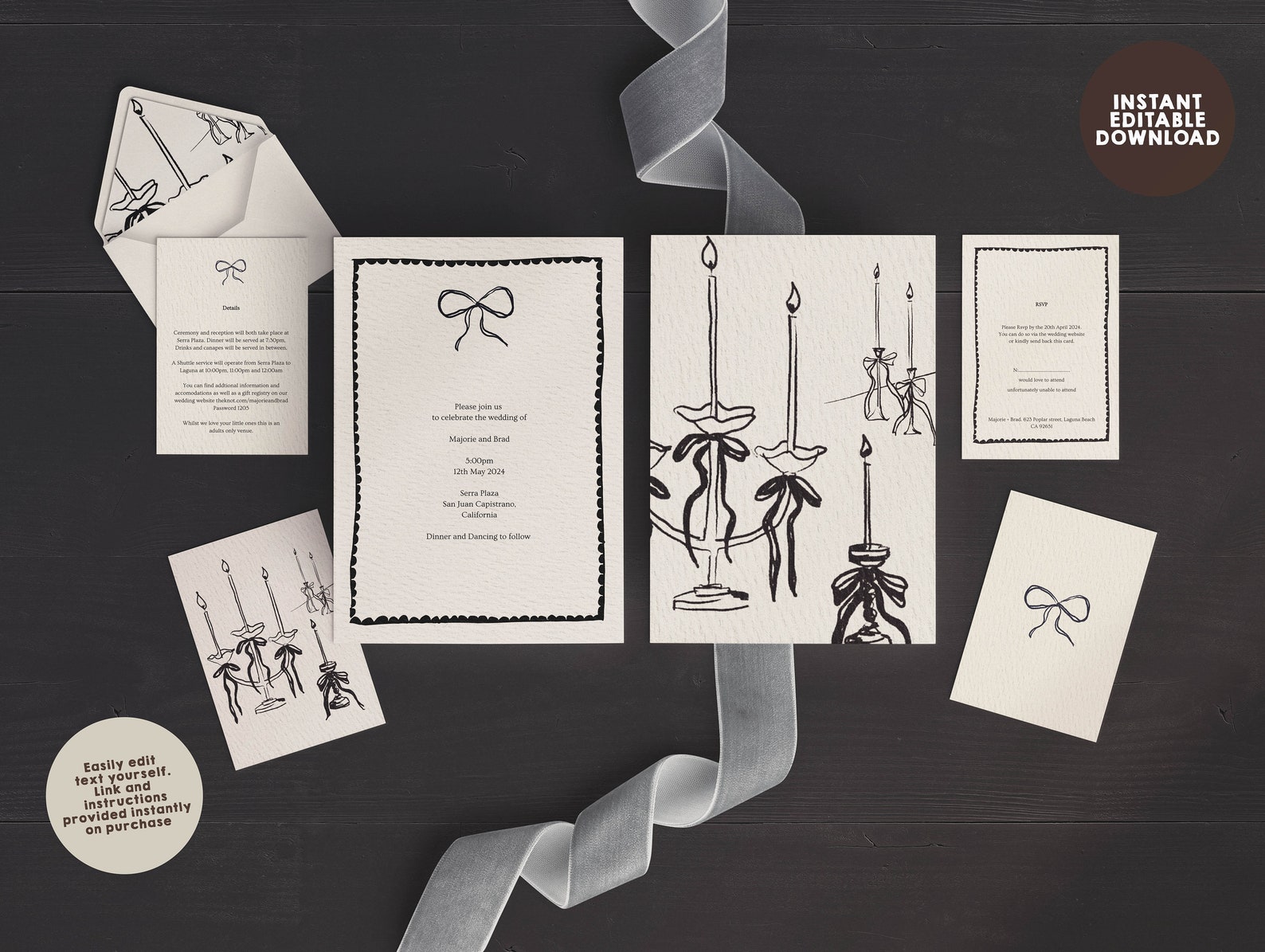 BOWIE FULL SET | Instant Download Bow Theme Wedding Invitation | Unique ...