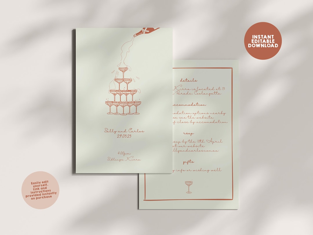 GOLDY Illustrated Champagne Tower Wedding Invitation | Editable Event ...