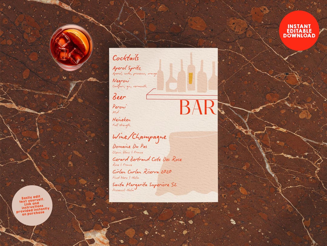 ALBERTO BAR and DRINKS Menu | Instant Download Bow Theme Bar Menu ...
