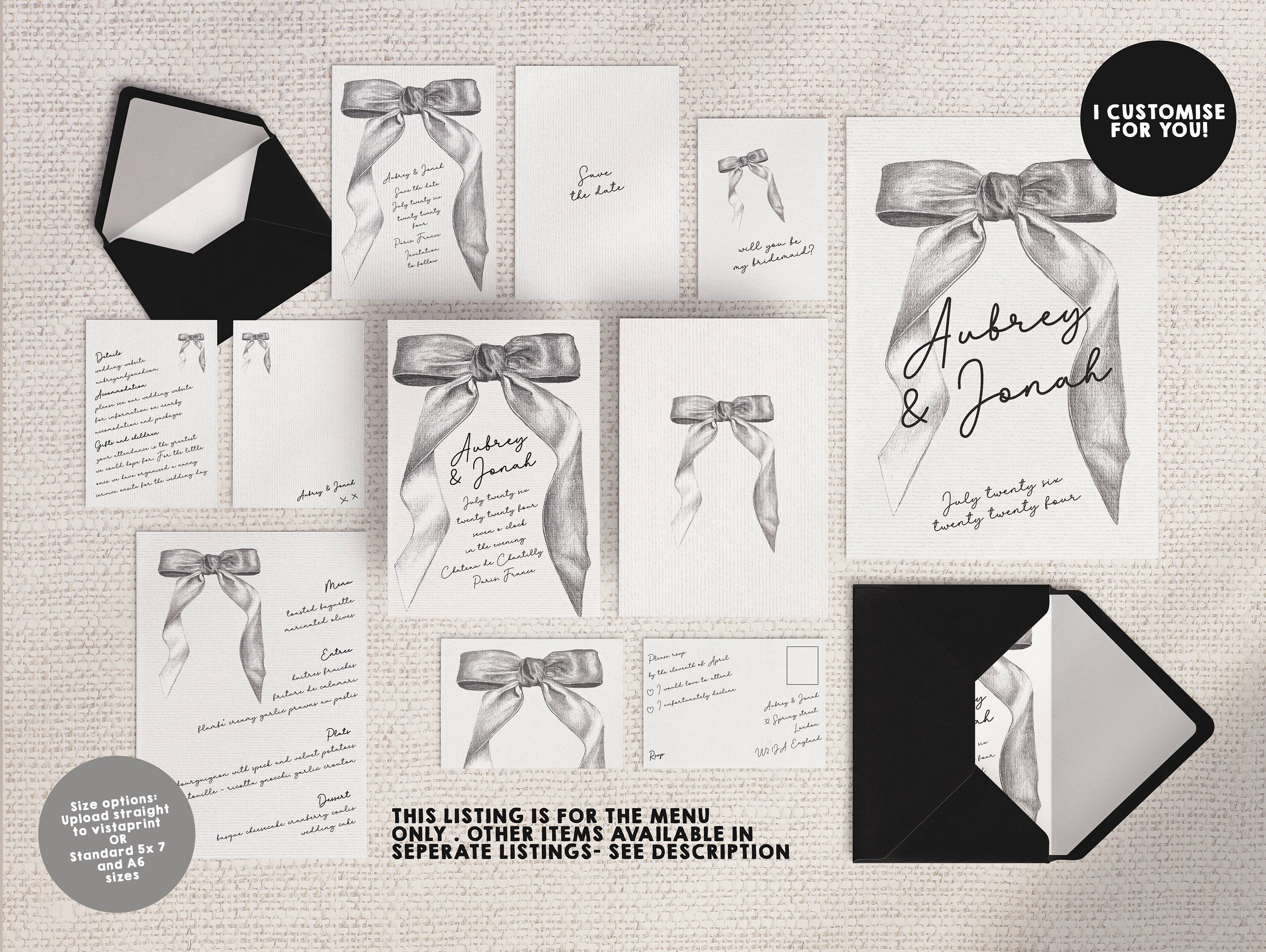 BEAU Menu Classic Wedding Menu Customised Wedding Menu Illustrated Hand ...