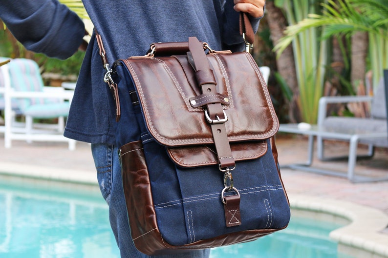 Vertical Laptop Messenger Bag Leather and Waxed Canvas | Etsy