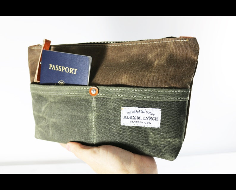 Unisex Zippered Heavy Canvas Pouch With Front Pockets and Leather ...