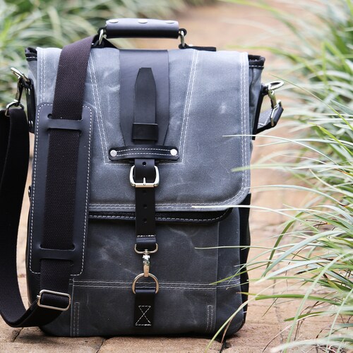 Vertical Laptop Messenger Bag Leather and Waxed Canvas - Etsy