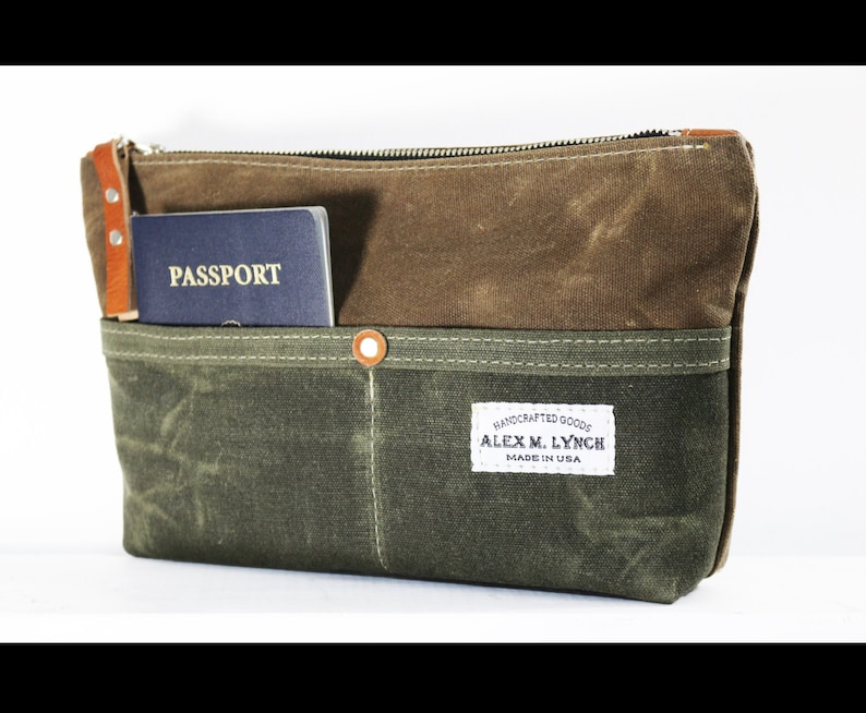 Unisex Zippered Heavy Canvas Pouch With Front Pockets and Leather ...