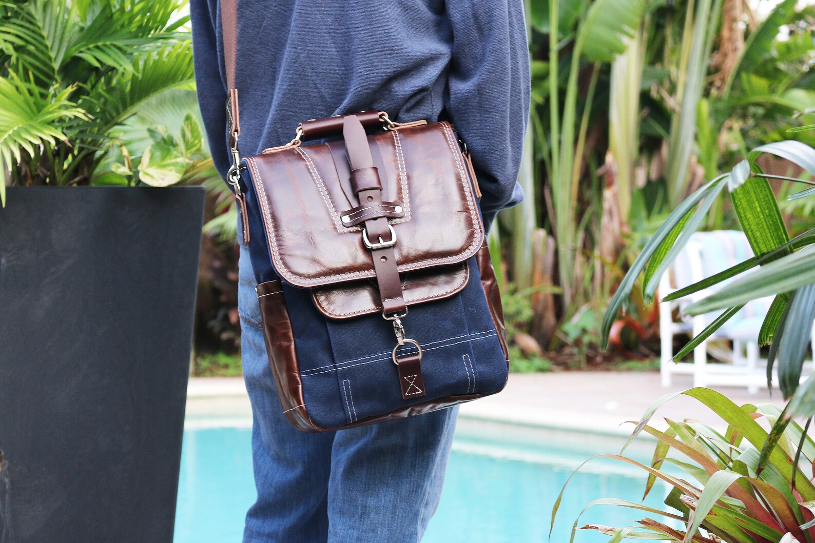 Vertical Laptop Messenger Bag Leather and Waxed Canvas | Etsy