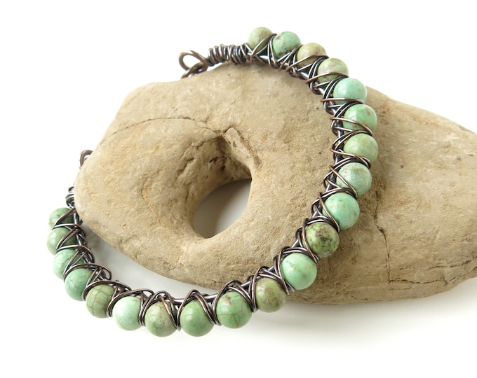 Green Turquoise Bracelet Copper Wire Wrapped Stone Bead Bangle - Etsy