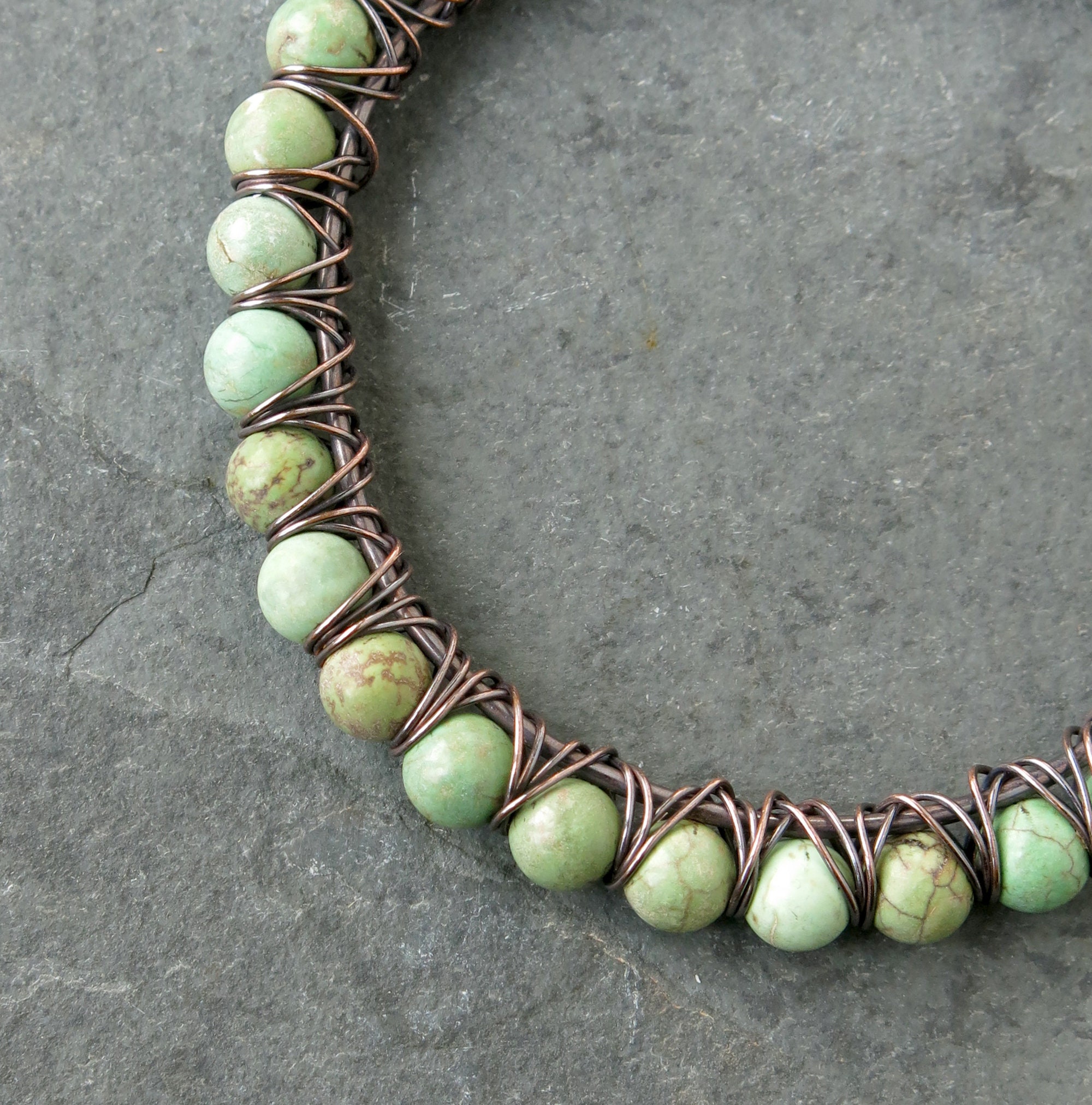 Green turquoise bracelet copper wire wrapped stone bead | Etsy