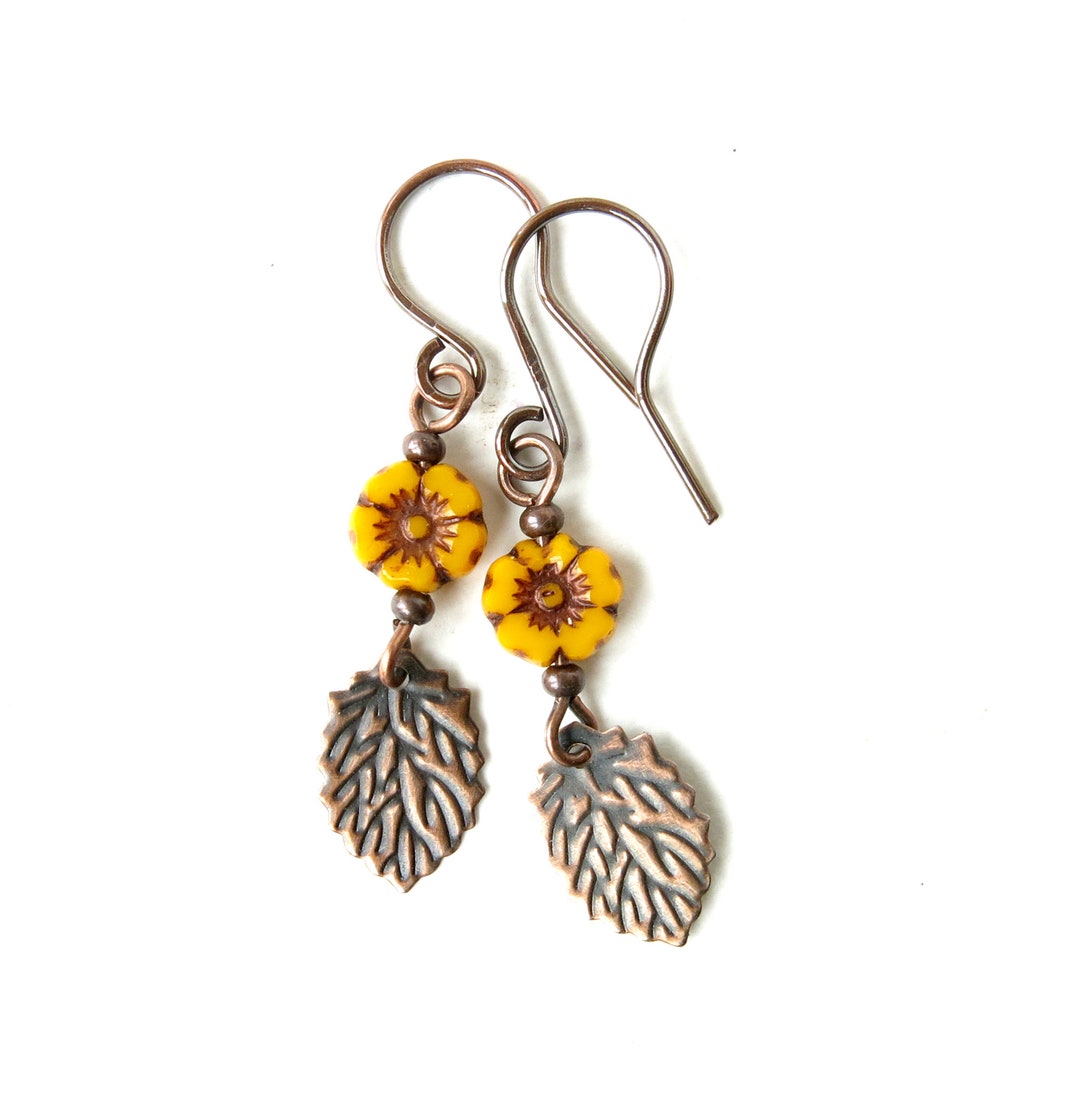 Yellow Flower Earrings / Petite Dangle Earrings / Copper Leaf Earrings ...